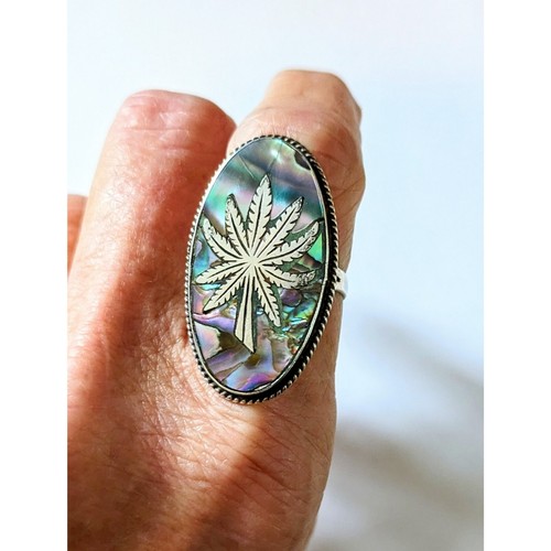 VTG Sterling Silver Signed MEXICO Abalone Inlay Cannabis Weed Leaf Ring ...