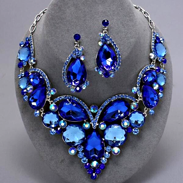 STATEMENT BLUE GLASS CRYSTAL CHUNKY PROM BRIDAL FORMAL NECKLACE JEWELRY ...