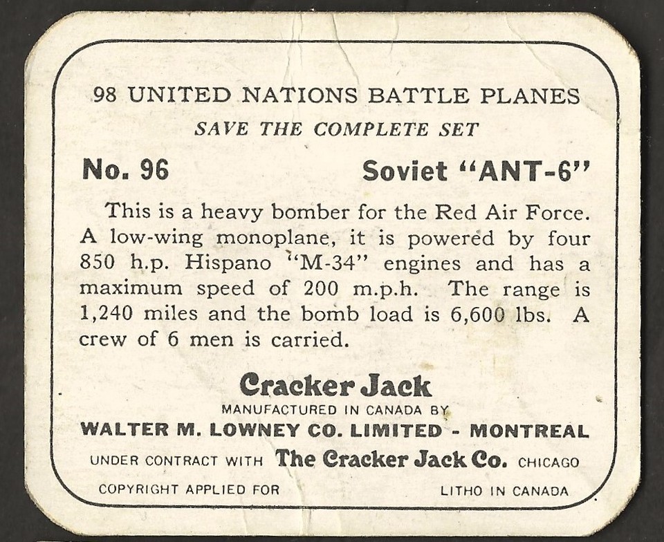 1940s Soviet A.N.T.-6 Airplane Cracker Jack Lowney Planes V407 #96 ...