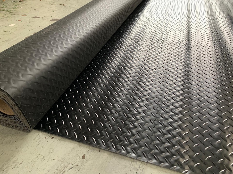 CHECKER - PLATE PVC RUBBER BLACK GARAGE FLOORING MATTING 2M WIDE X 2 ...