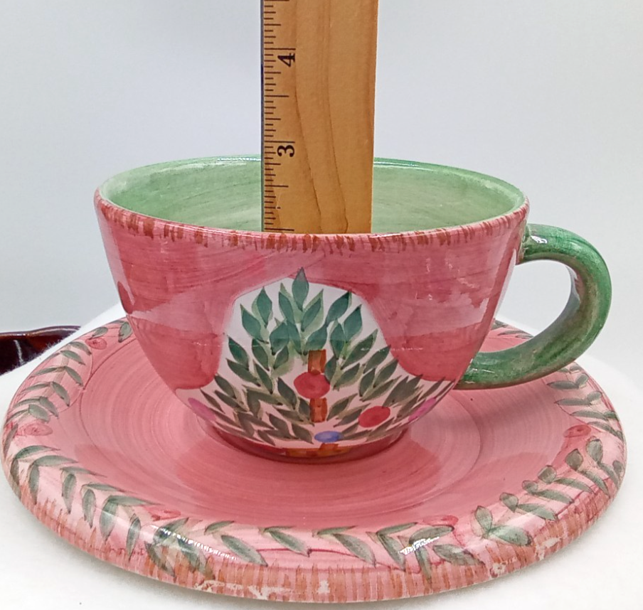 Bella Ceramica Cup Saucer Coffee Christmas Tree Green Pink Holly Handle ...