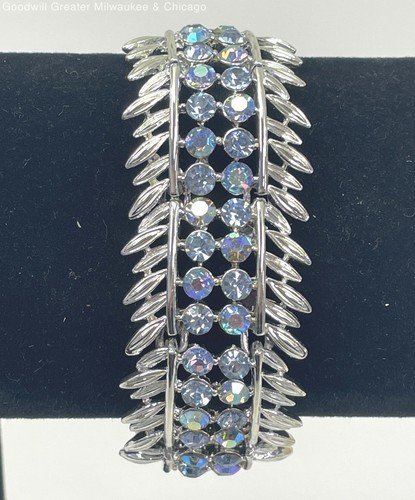 VNTG BSK Silver-Tone Blue Rhinestone Leaf Statement Bracelet 53.0g | eBay