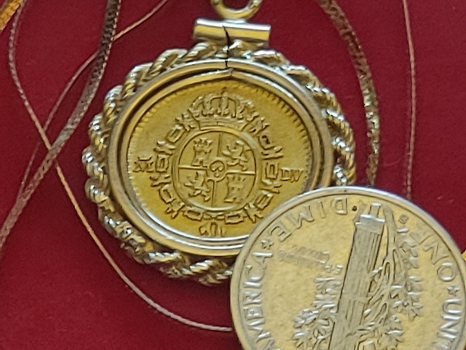 1786 Spanish .875 Gold Half Escudo 14K Gold Pendant 18" 14K Gold Flat ...