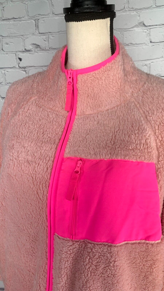 NEW LOVE, Fire Faux Shearling Zip Jacket Pink Chest Zip Pocket Balloon ...