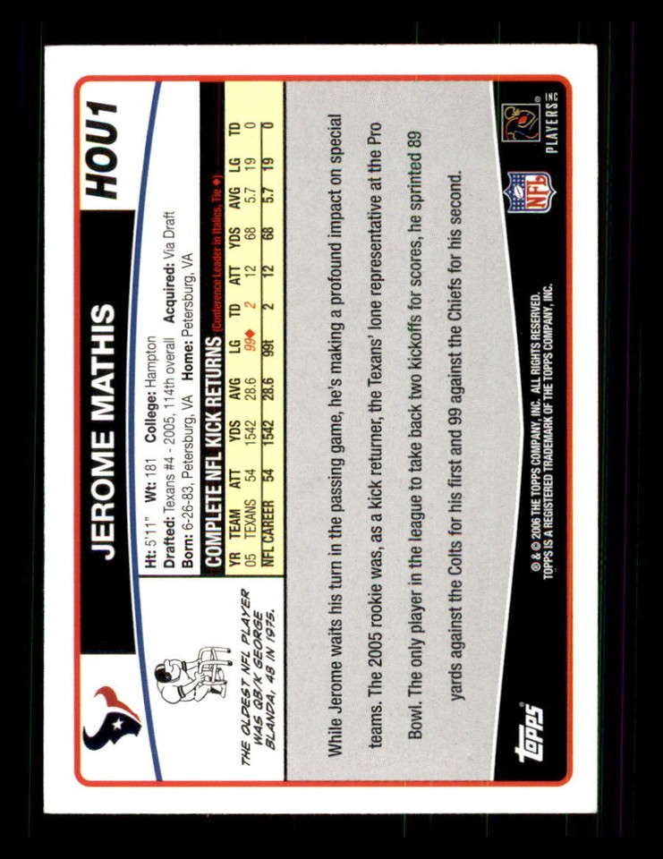 2006 Football Topps Jerome Mathis Houston Texans #HOU1 | eBay