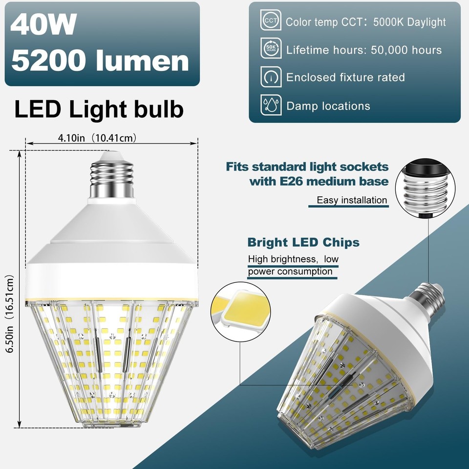 5200 Lumen LED Corn Cob Light Bulb, 40-watt, 300-watt Equivalent ...