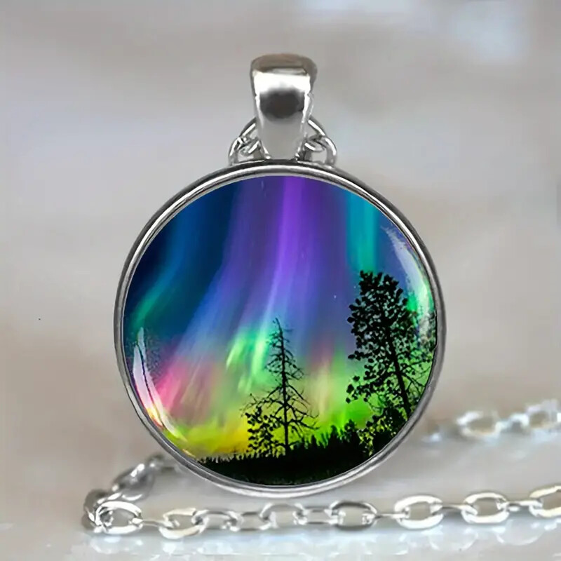 Northern Light Time Gemstone Glass Round Pendant Necklace | eBay