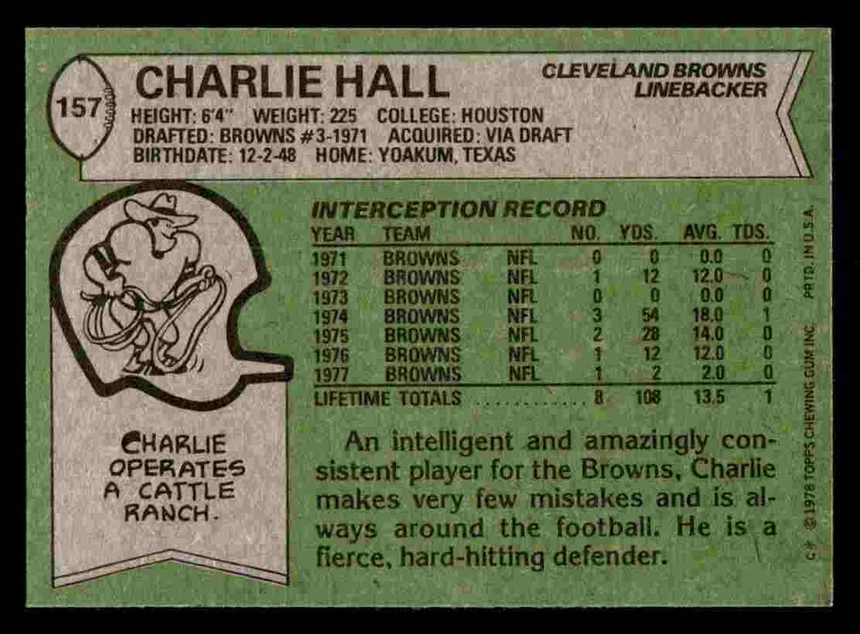 1978 Topps Charlie Hall #157 - Cleveland Browns - NM+ | eBay