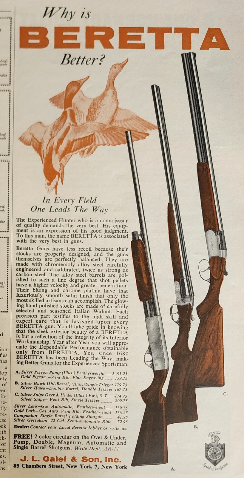 Beretta Silver Pigeon Hawk Gun Magazine Ad Picture Vintage Wall Art ...
