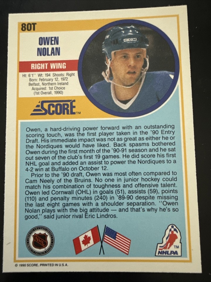 1990-91 Score Rookie & Traded #80T Owen Nolan RC Quebec Nordiques | eBay