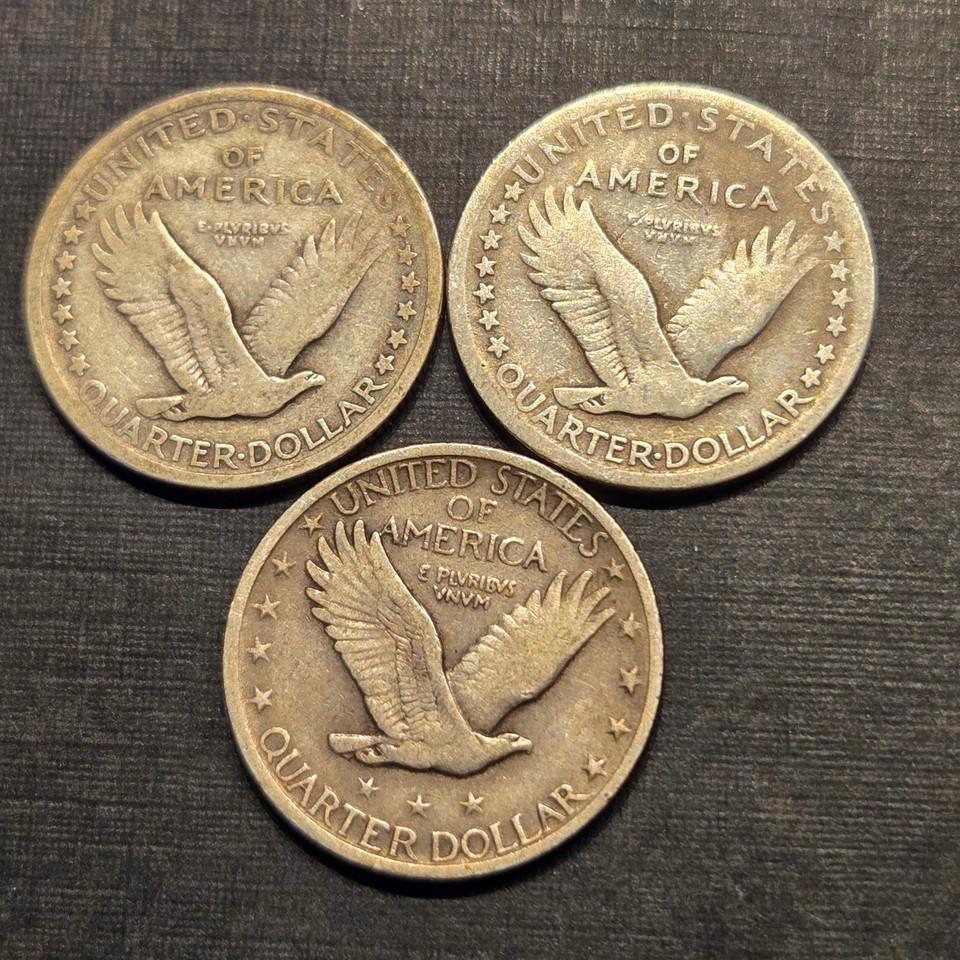 Set of three semi key Standing Liberty Quarters 1917 ty 1, 1917-D ty 1 ...