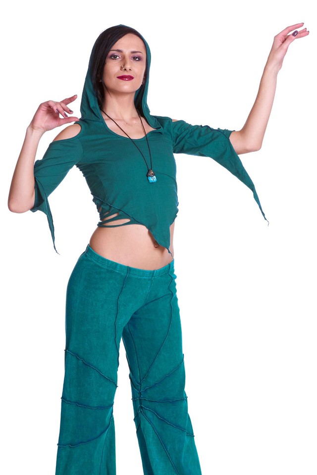 Slashed Back Top Cotton Pointy 3/4 Sleeves Crop Psy Trance Pixie Hood ...