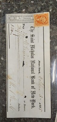 1865 The Saint Nicholas National Bank Of NY 2¢ Washington Bank Check ...