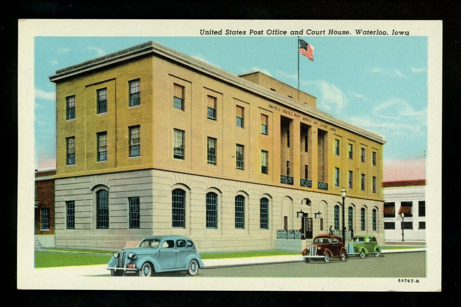 Post Office postcard Iowa IA Waterloo flag cars street view street ...