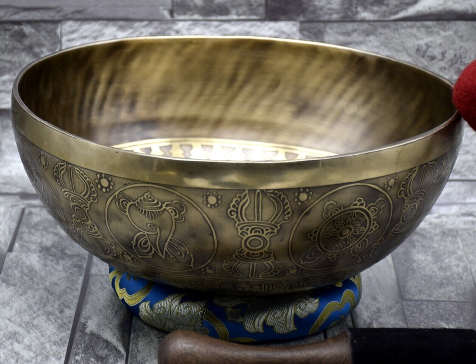 12 inches Lotus Om Mane Padme Ohm Carving Bowl Deep Sound Vibration ...