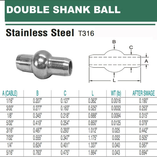 Double Shank Ball Swage Fittings Terminal Cable Wire Rope 1/16" to 5/16 ...