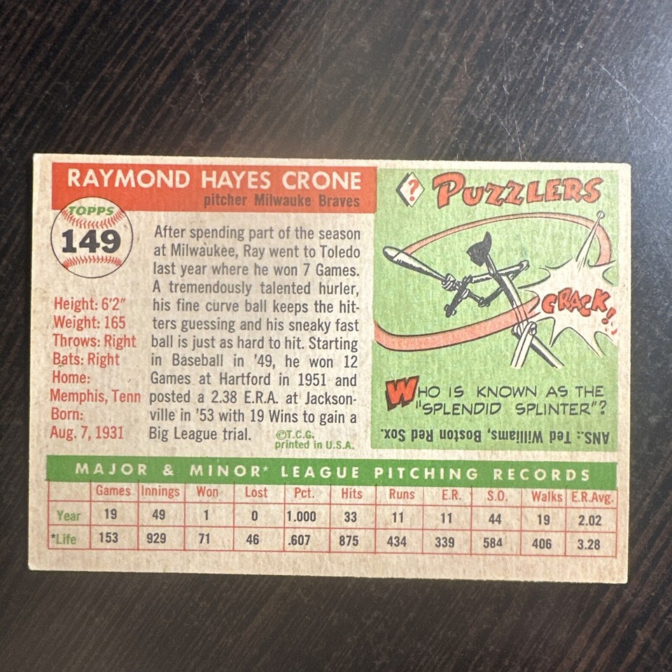 1955 TOPPS #149 RAY CRONE BRAVES VG-EX OR BETTER *Hot Corner Vintage ...