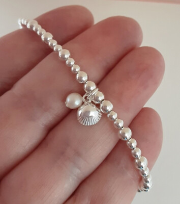 Sea Shell Clam Charm, Freshwater Pearl 4mm 3mm Bead Sterling Silver ...