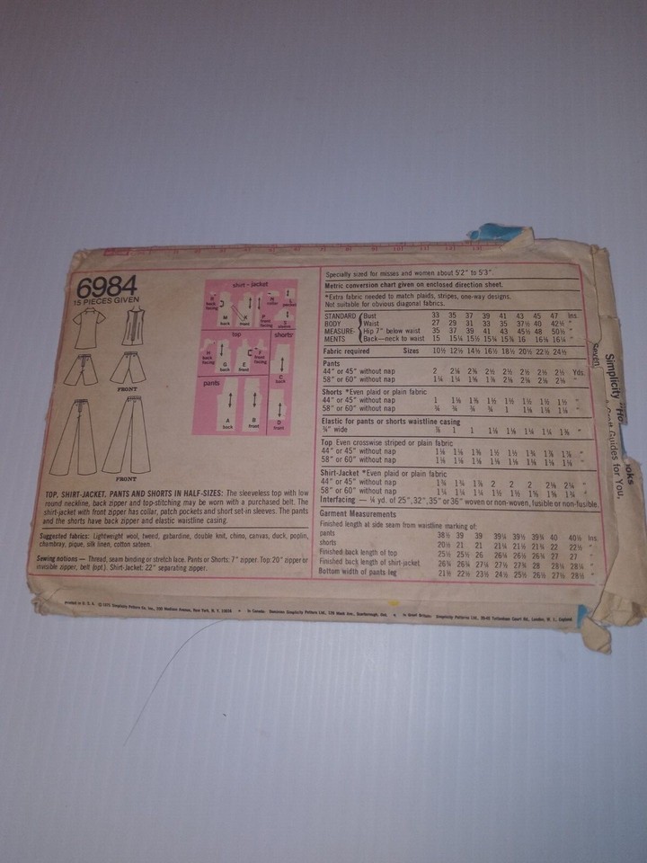 Simplicity uncut sewing pattern 6984, Shirt-Jacket Pants Shorts sz 16.5 ...