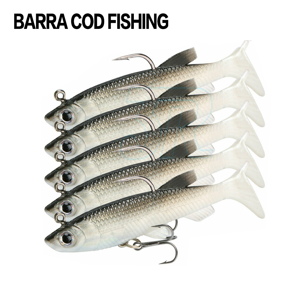 15PCS Soft Plastic Vibe Lures Poddy Mullet Flathead Jig Heads Barra Cod ...