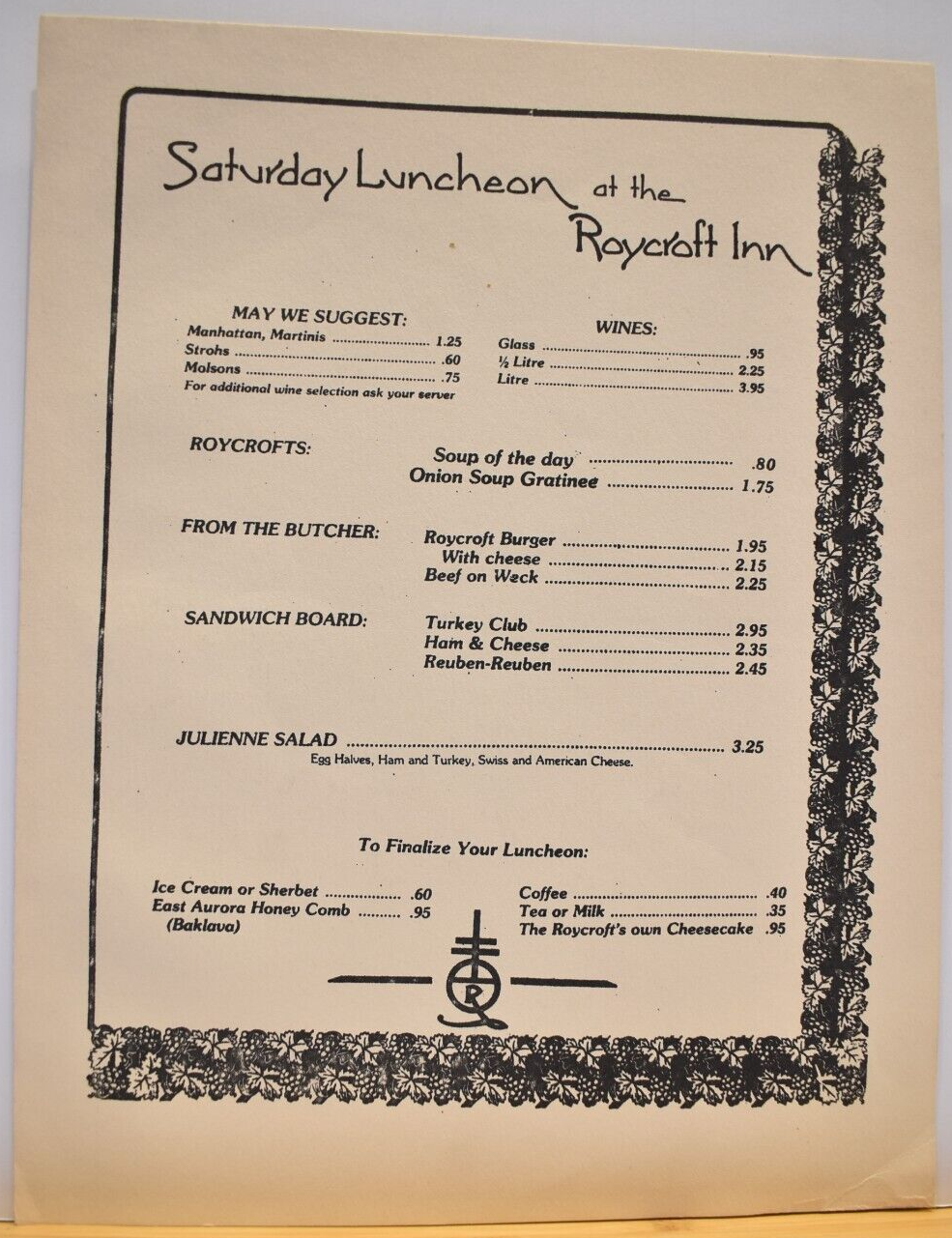 Vintage 1977 Roycroft Inn Restaurant Menu Saturday Luncheon East Aurora ...