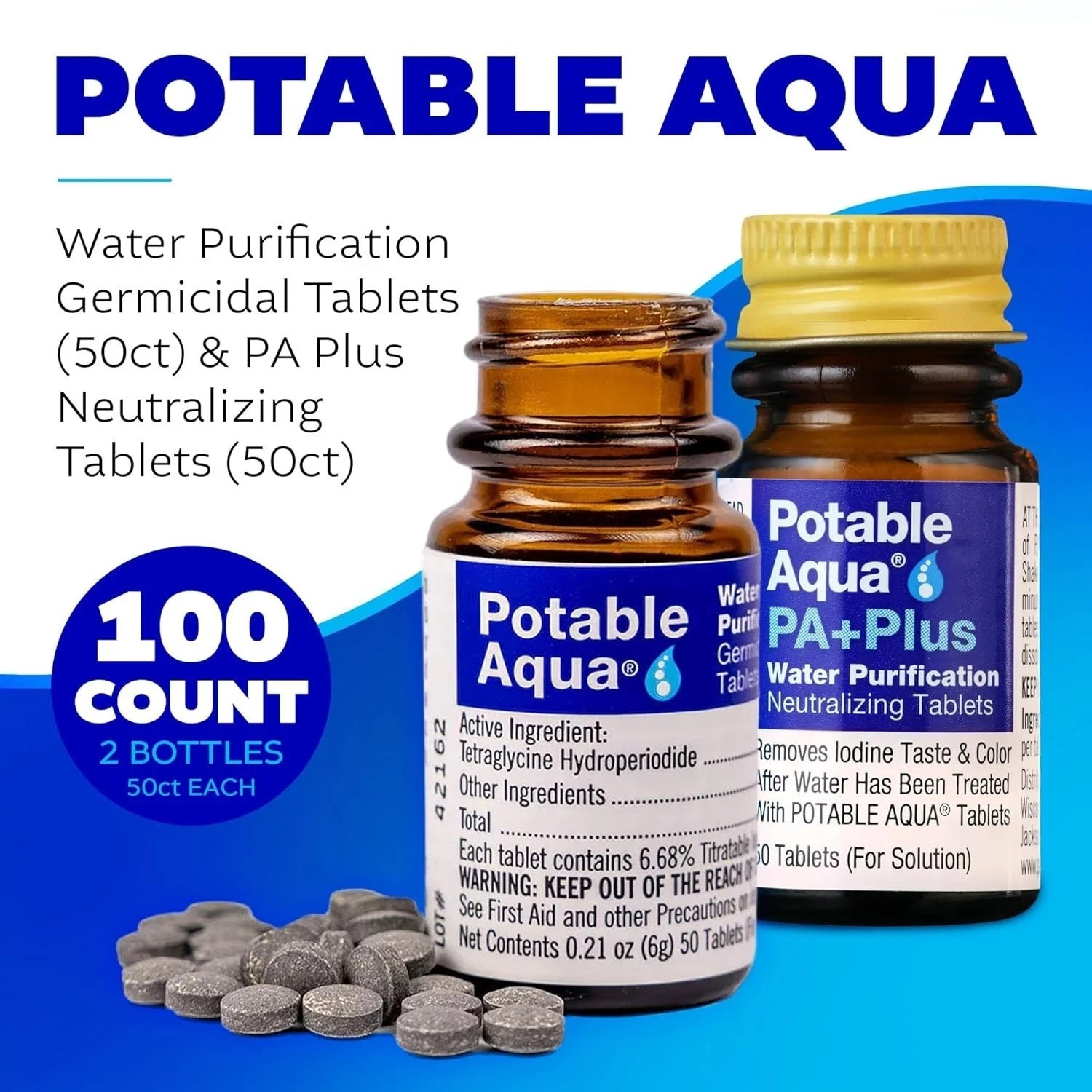 Potable Aqua Water Purification Tablets with PA Plus, 2 Bottles of 50 ...
