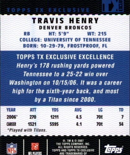 2007 Topps TX Exclusive Football #40 Travis Henry | eBay