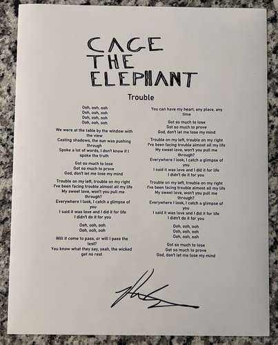 MATT SHULTZ SIGNED LYRIC SHEET CAGE THE ELEPHANT SINGER AUTOGRAPH COA ...