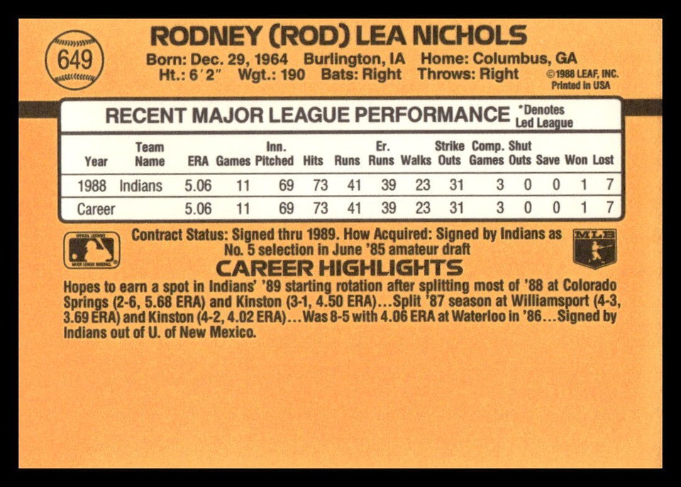 1989 Donruss #649 Rod Nichols Indians "Denotes*" Variation Baseball ...