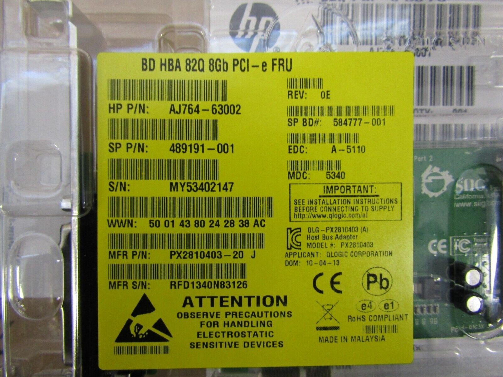 NEW HP 489191-001 8Gb SFP 2-Port PCI-e Card QLE2562-HP AJ764-63002 ...