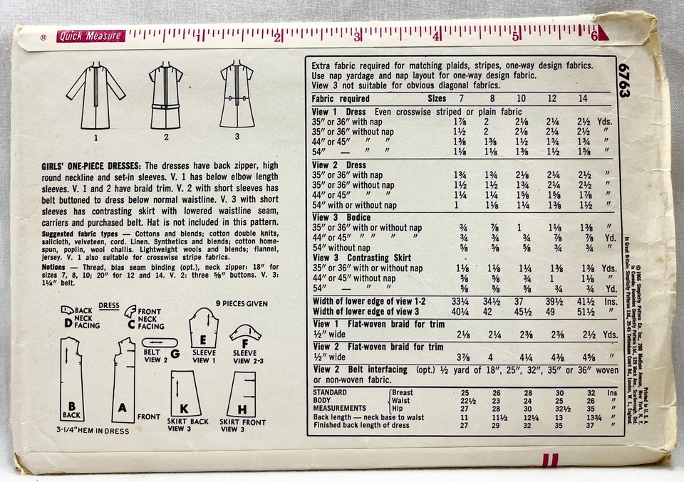 1966 Simplicity Sewing Pattern 6763 Girls 1-Pc Dress 3 Styles Size 10 ...