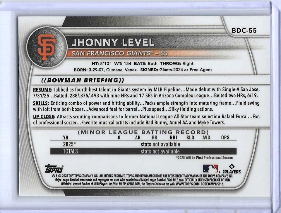 2025 BOWMAN DRAFT CHROME BDC-55 JHONNY LEVEL RC SSP /25 ORANGE ...