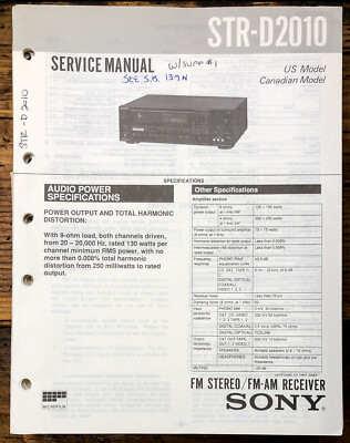 Sony STR-D2010 Receiver Service Manual *Original* | eBay