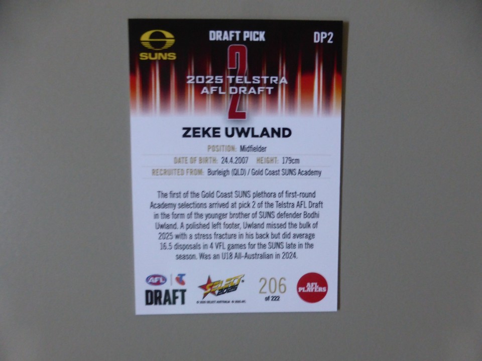 AFL 2025 SELECT TELSTRA DRAFT PICK 2 ZEKE UWLAND GOLD COAST SUNS CARD ...