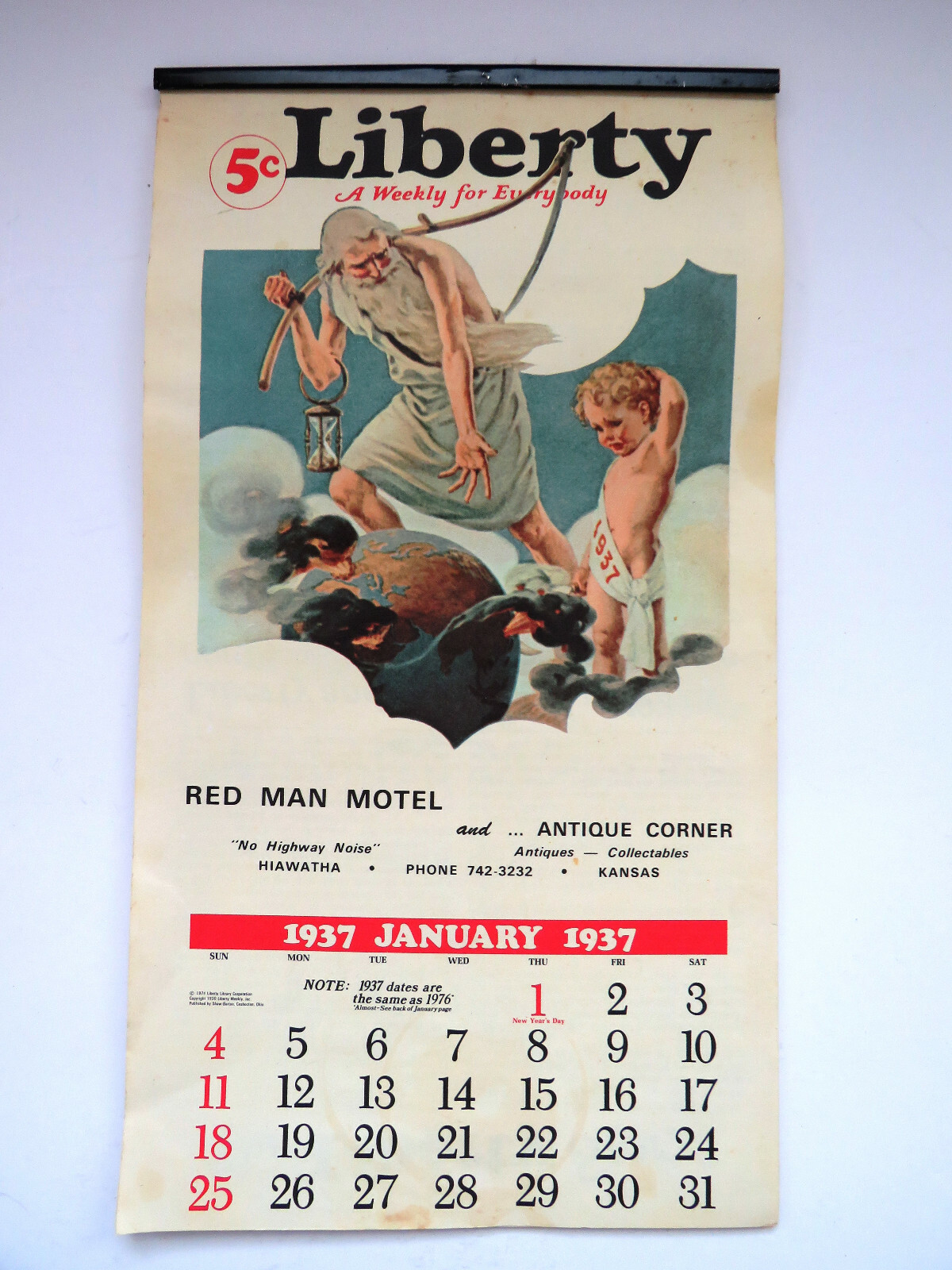 1937 / 1974 Liberty Calendar Reprint Red Man Motel Hiawatha KS ...