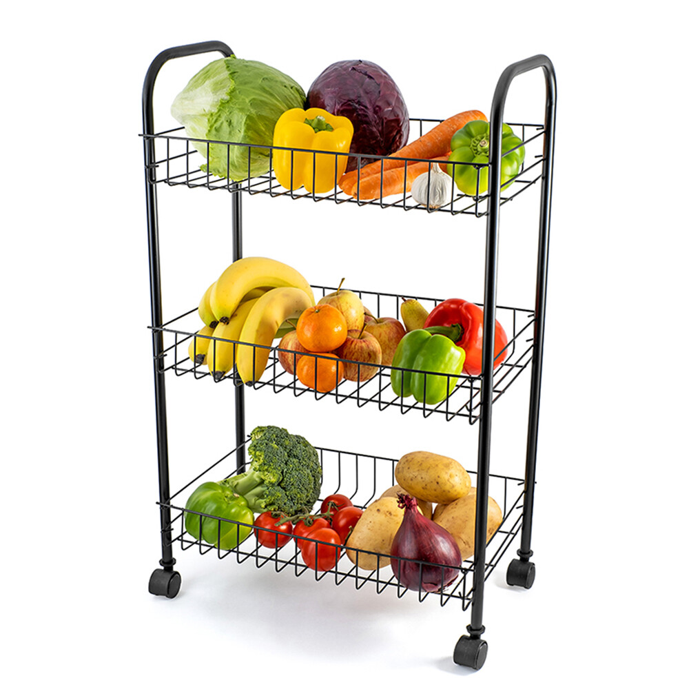 3 Tier Fruit Trolly Basket Rack Kitchen Storage Vegetable Cart Wheels ...
