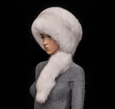 Saga Furs Natural Blue Fox Fur Handmade Beanie Beret Hat + Tail | eBay