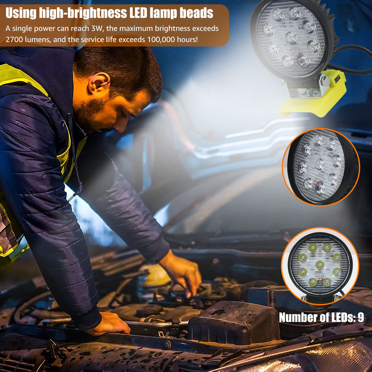 LED Work Light 2700LM 18V 27W LED Flood Light IP55 Waterproof Job Site ...