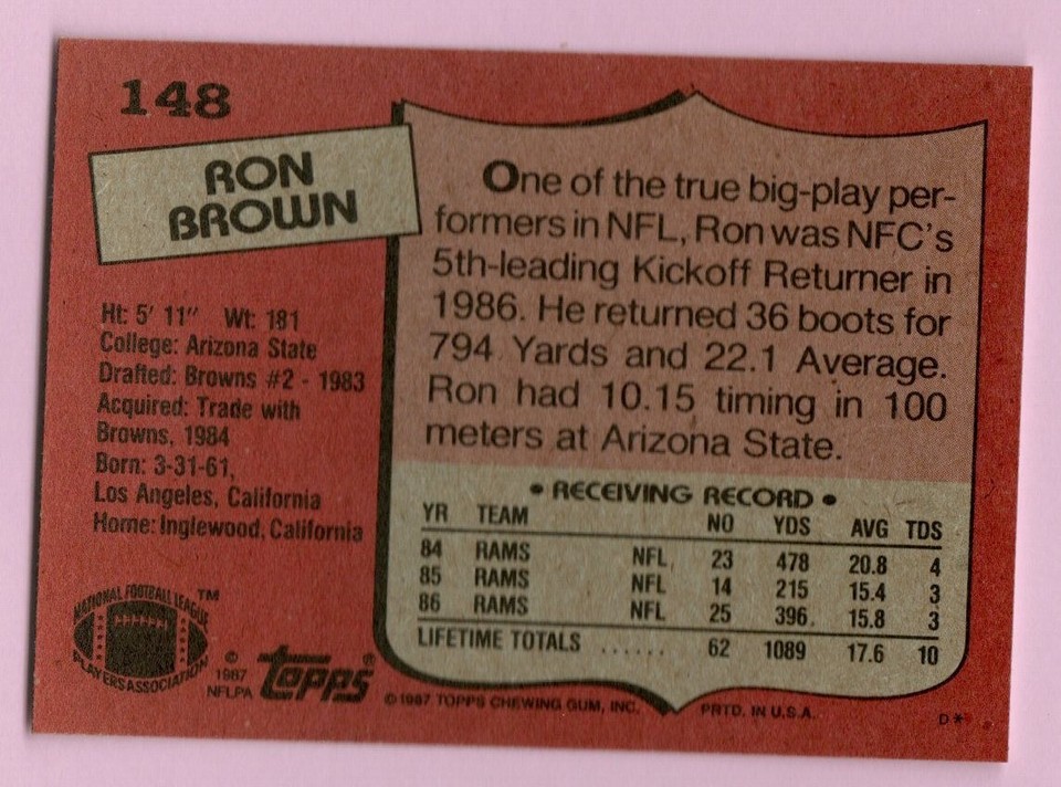 1987 Topps Football #148 Ron Brown Los Angeles Rams Wide Receiver | eBay