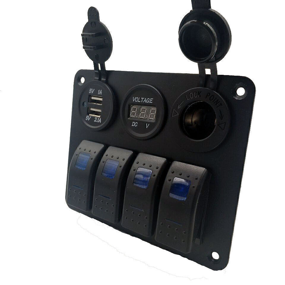 Blue LED 12V 4 Gang Toggle Rocker Switch Panel USB for Car Boat Marine ...