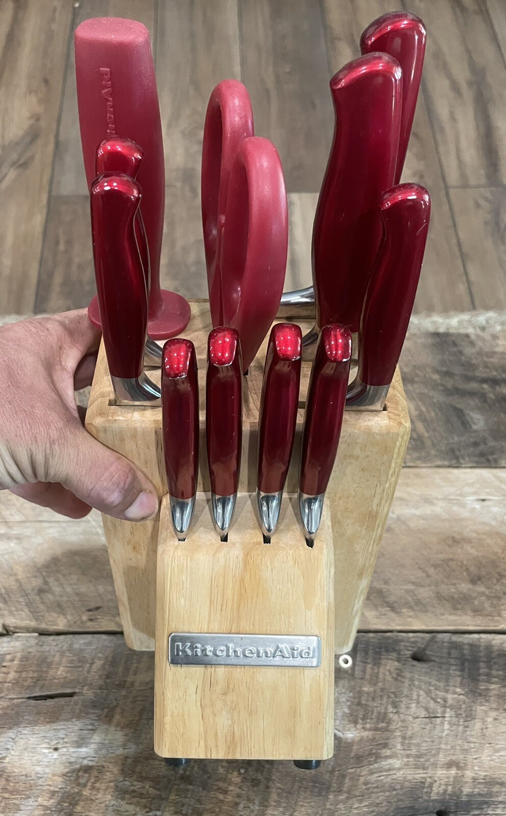 KitchenAid 11 Piece Knife Red Set With Wood Block Sharpening Rod ...