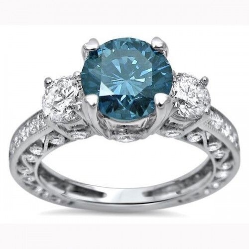 4Ct Lab-Created Blue Diamond Three-Stone Engagement Ring 14K White Gold ...
