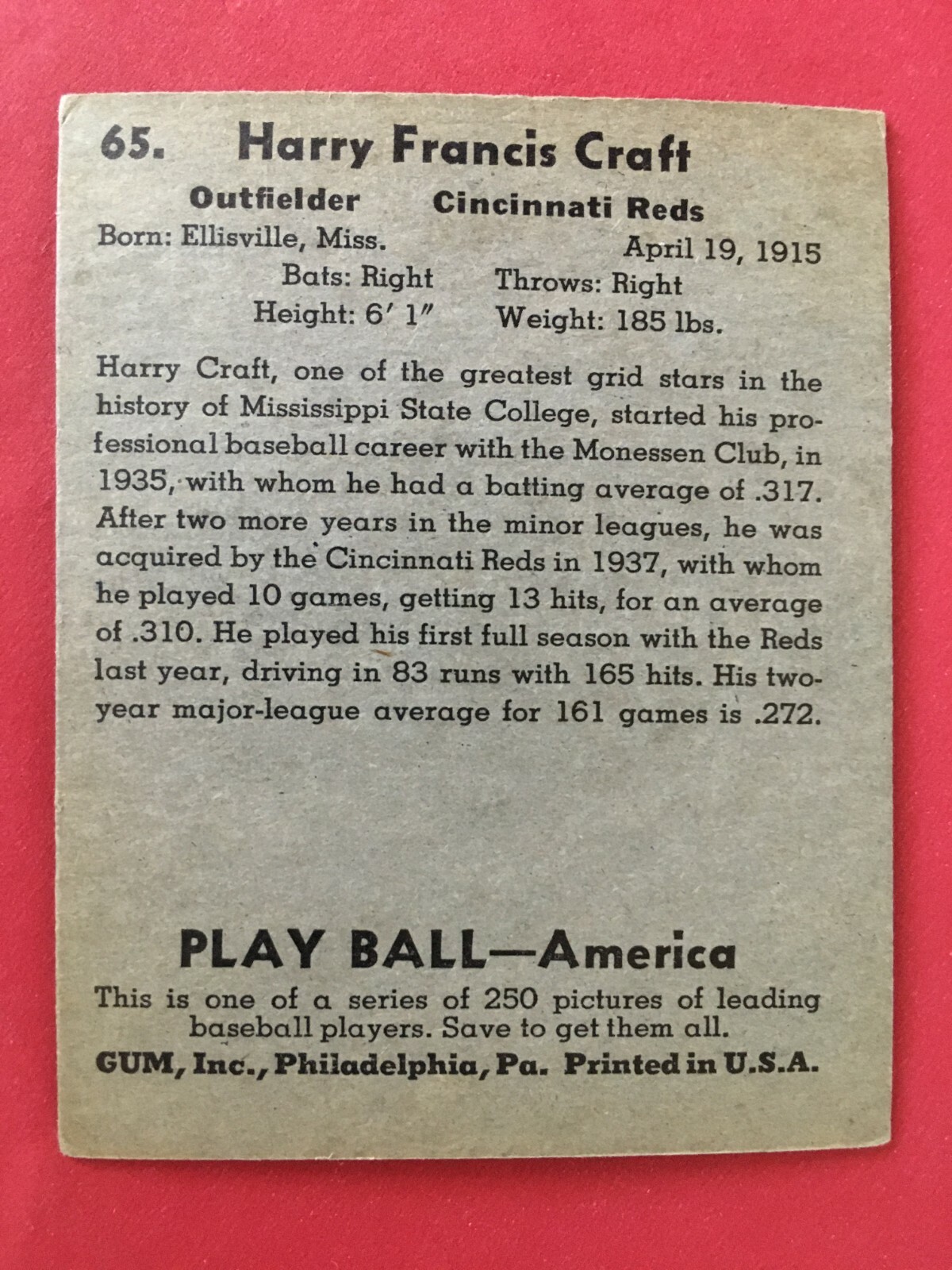 1939 PLAY BALL baseball card, Harry Craft #65-2 | eBay