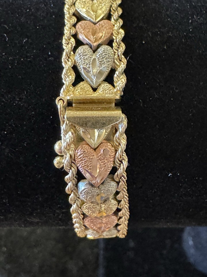 14K Tri-Color Heart Bracelet with Rope Trim - 15.7 Grams & Approx. 7 ...