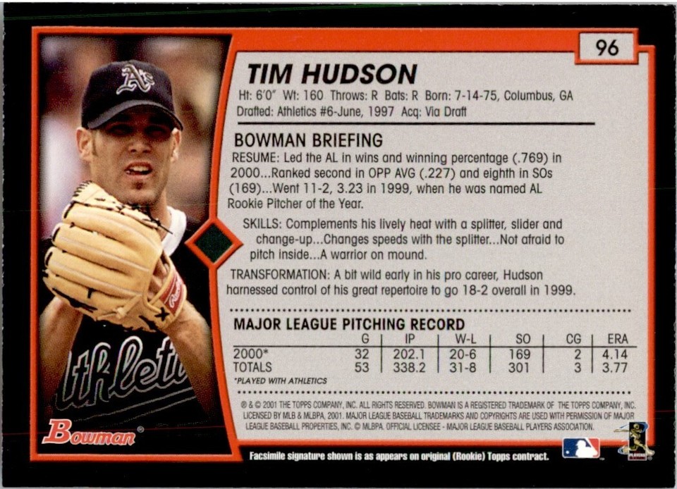 2001 Bowman #96 Tim Hudson Oakland Athletics | eBay