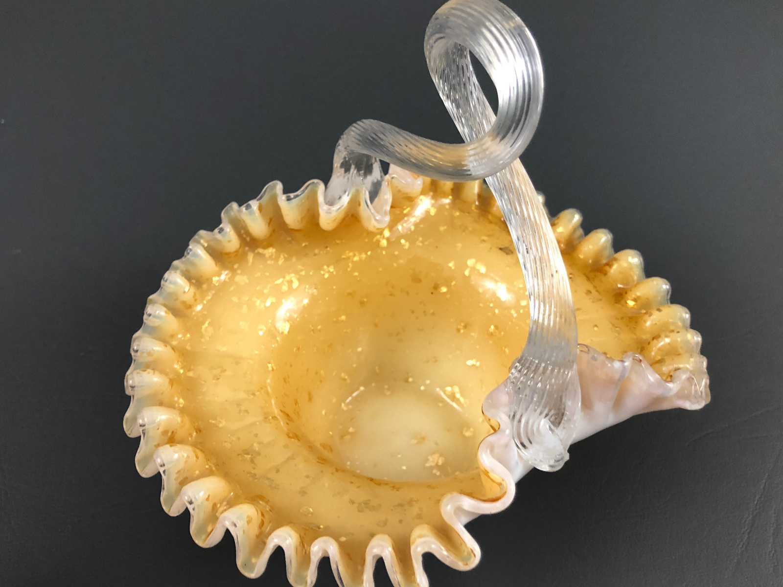 Antique Victorian ART GLASS amber spangle glass basket with looped ...