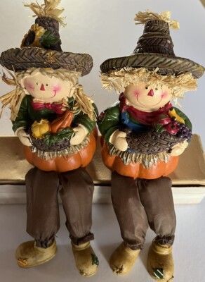 Fall Harvest Shelf Sitters Pair Of Two 5” Little Boy And Girl Scarecrow ...