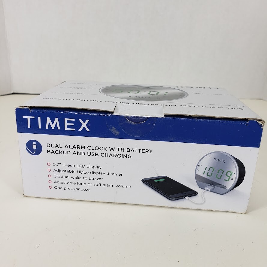 Timex Dual Digital ALARM CLOCK with USB Phone Charger Mirror Finish ...