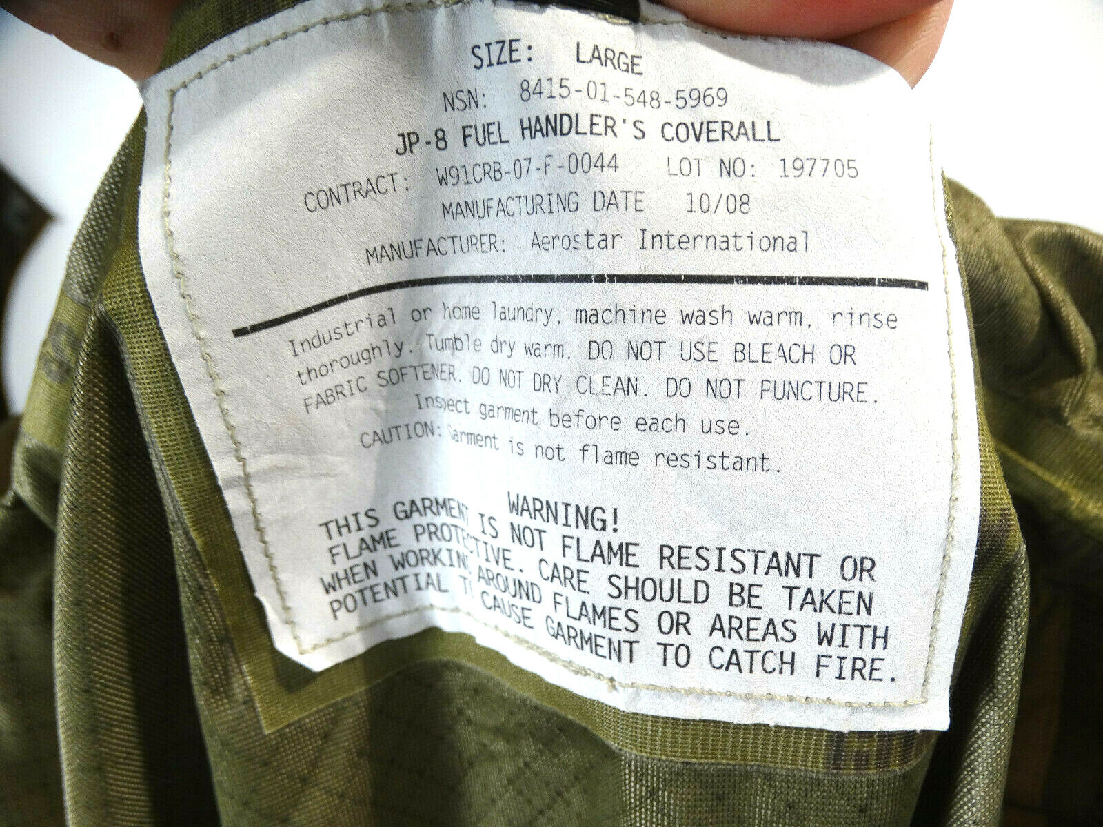 JP-8 Fuel Handler's Coveralls NSN:8465-01-548-5969 (sz Large)GORETEX | eBay