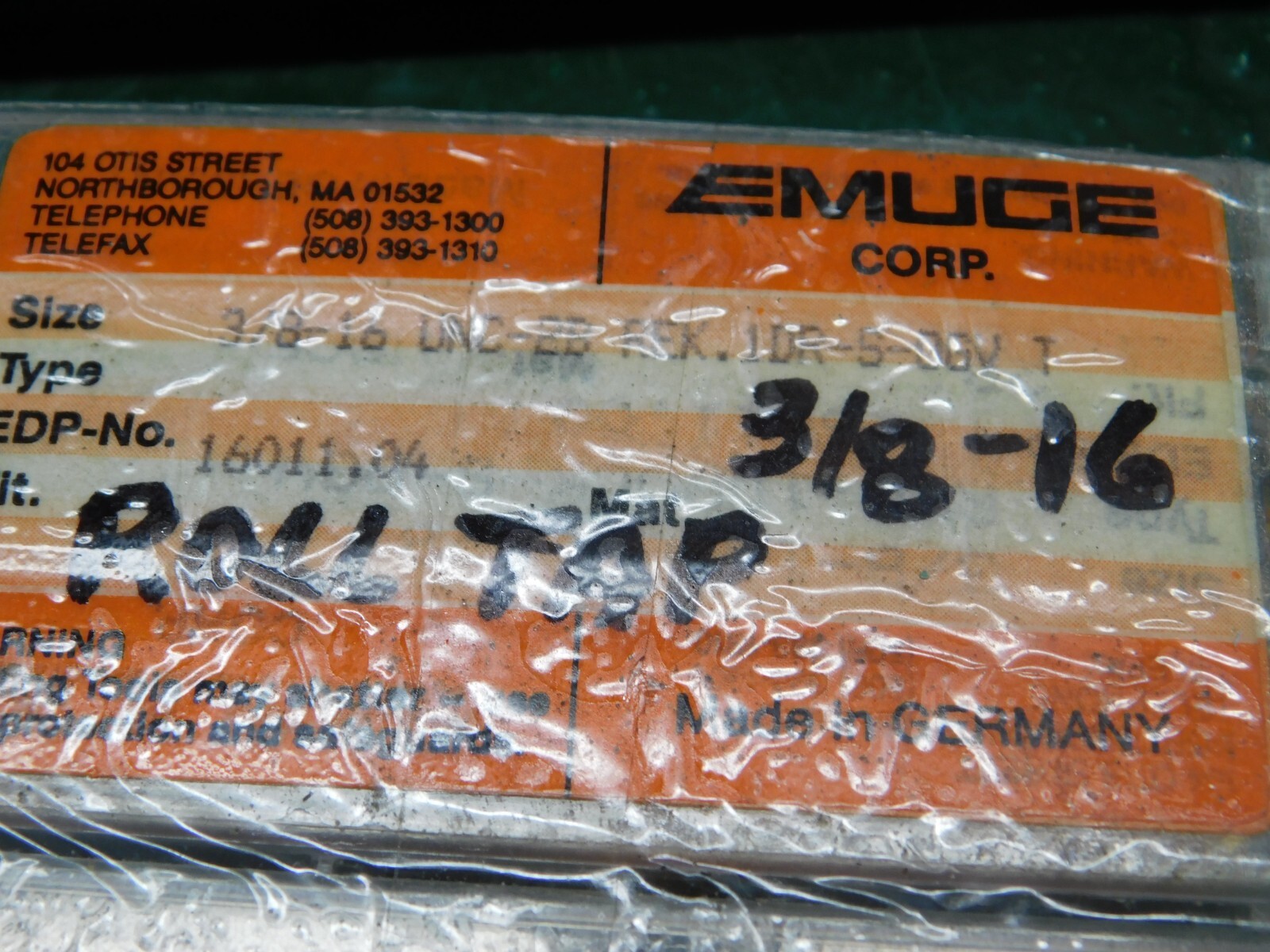 Lot of 2 Emuge 3/8-16 UNC 2B REK.1 DR-5-OGV T Plug Roll Tap TiN Coated ...